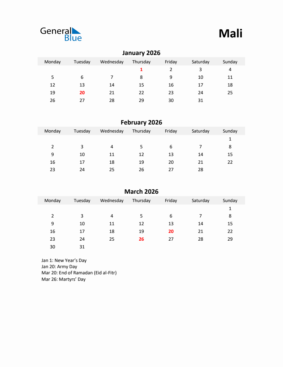 Printable Quarterly Calendar with Notes and Mali Holidays (Q1, 2026 ...