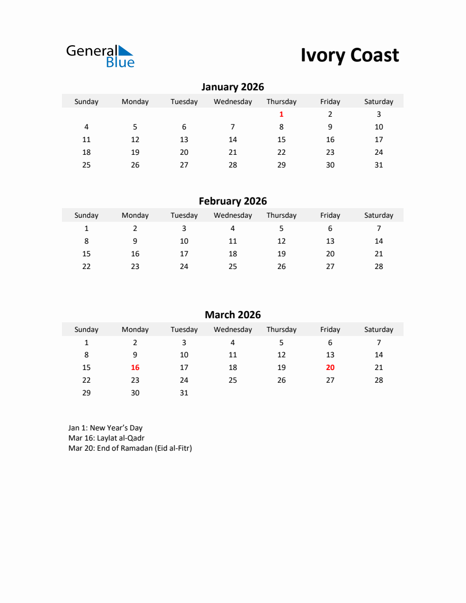Printable Quarterly Calendar with Notes and Ivory Coast Holidays (Q1, 2026)