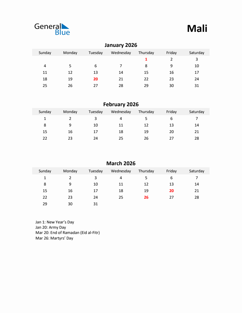 Printable Quarterly Calendar with Notes and Mali Holidays (Q1, 2026)