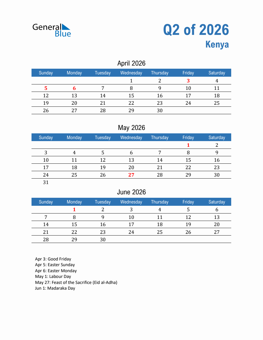 Kenya Quarterly Calendar (Quarter 2 of 2026)