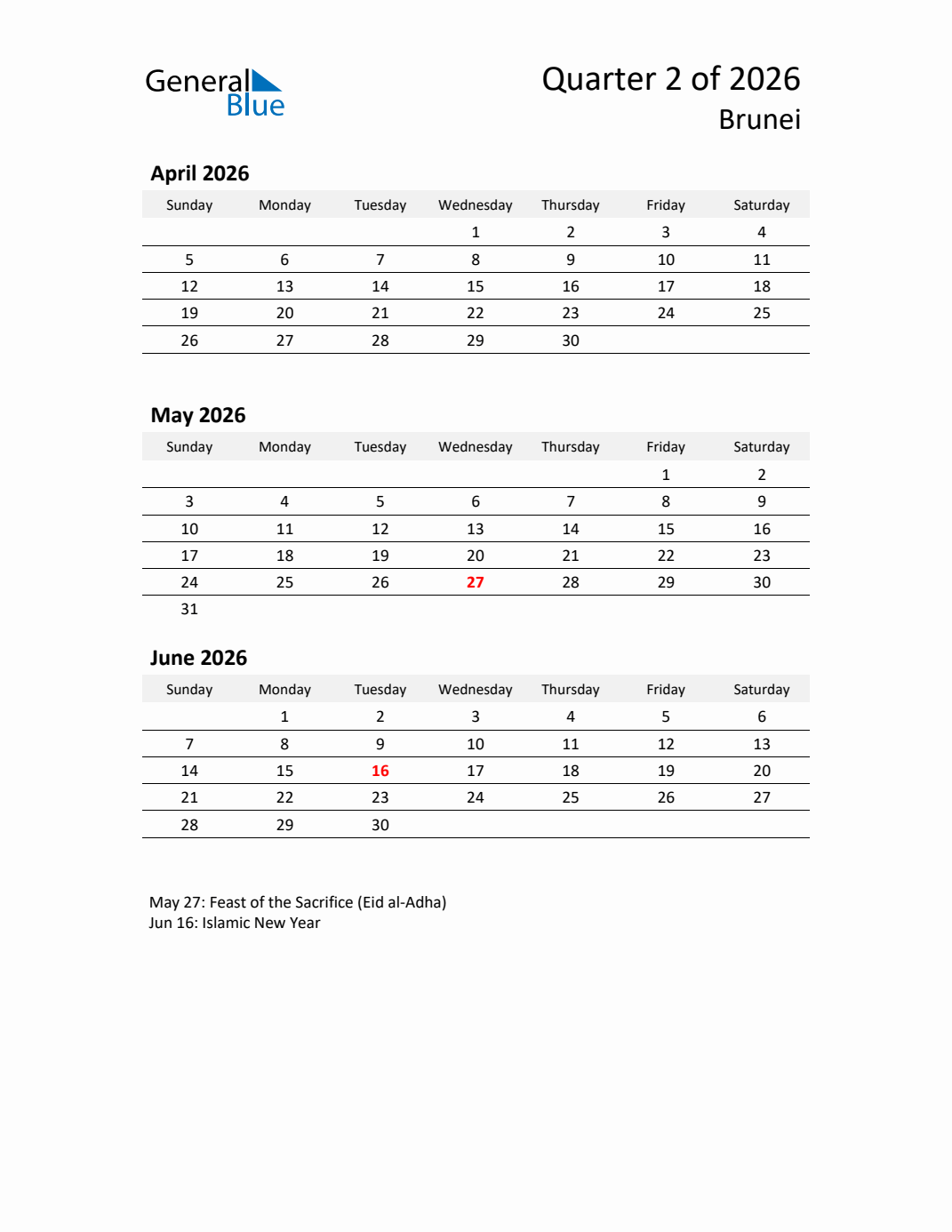 Q2 2026 Quarterly Calendar with Brunei Holidays (PDF, Excel, Word)