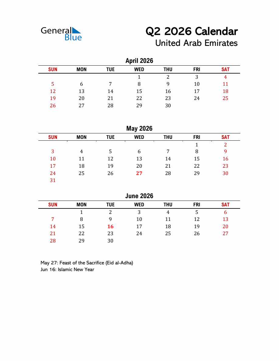 2026 Q2 Calendar with Holidays List for United Arab Emirates