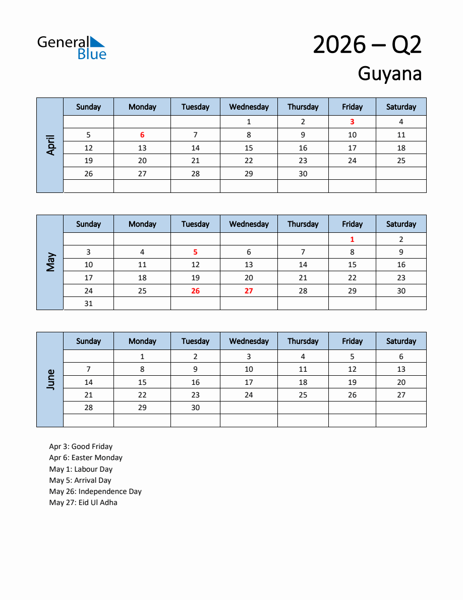 Free Q2 2026 Calendar for Guyana - Sunday Start