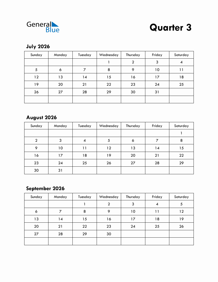 Quarter 3 2026 Calendar
