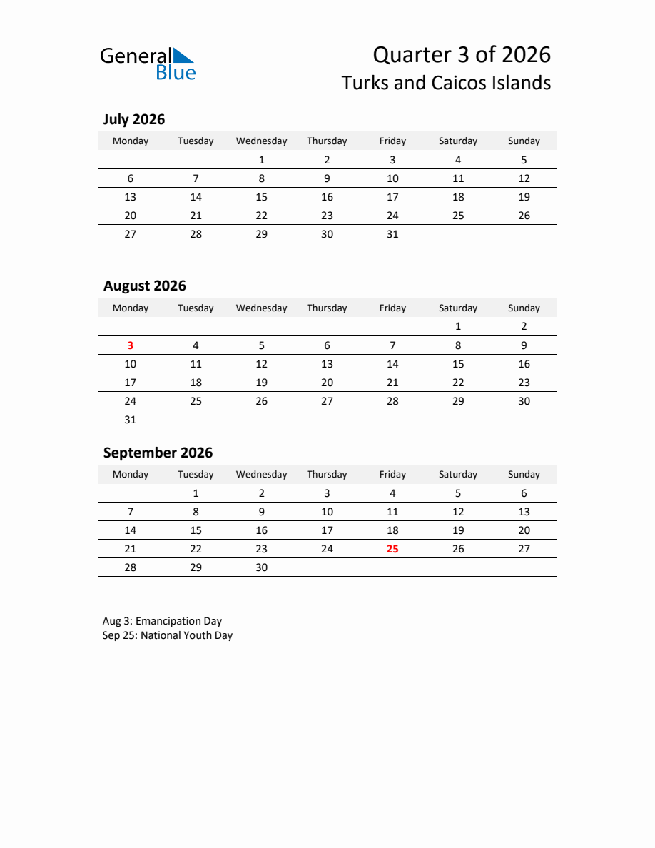 Three-Month Calendar for Turks and Caicos Islands (Q3 of 2026) - Monday ...