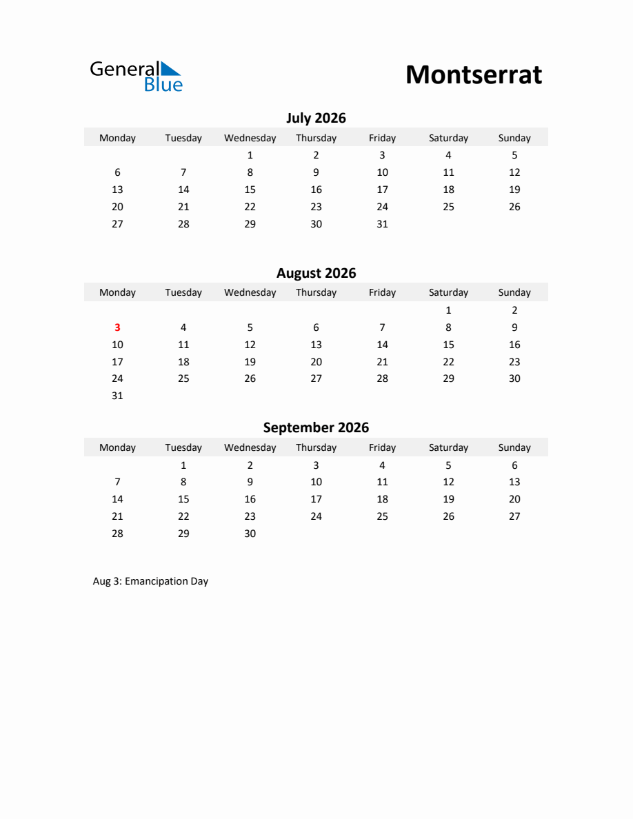 Printable Quarterly Calendar with Notes and Montserrat Holidays (Q3 ...