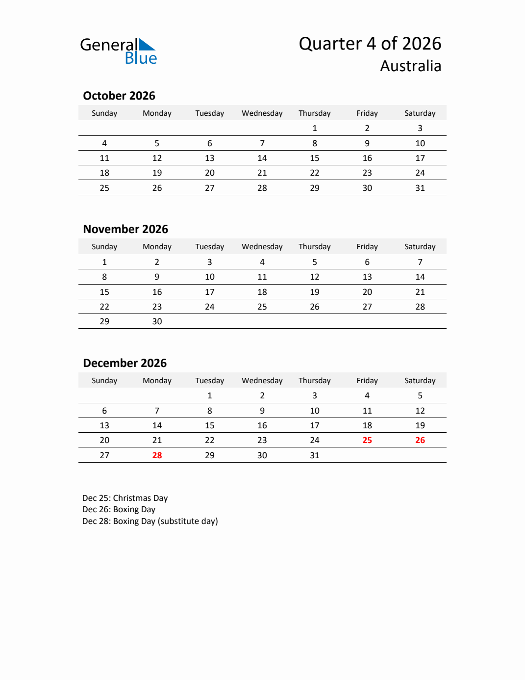 Q4 2026 Quarterly Calendar with Australia Holidays (PDF, Excel, Word)