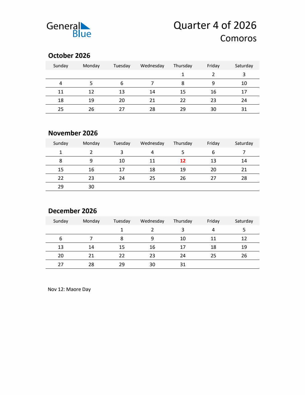 Q4 2026 Quarterly Calendar with Comoros Holidays (PDF, Excel, Word)