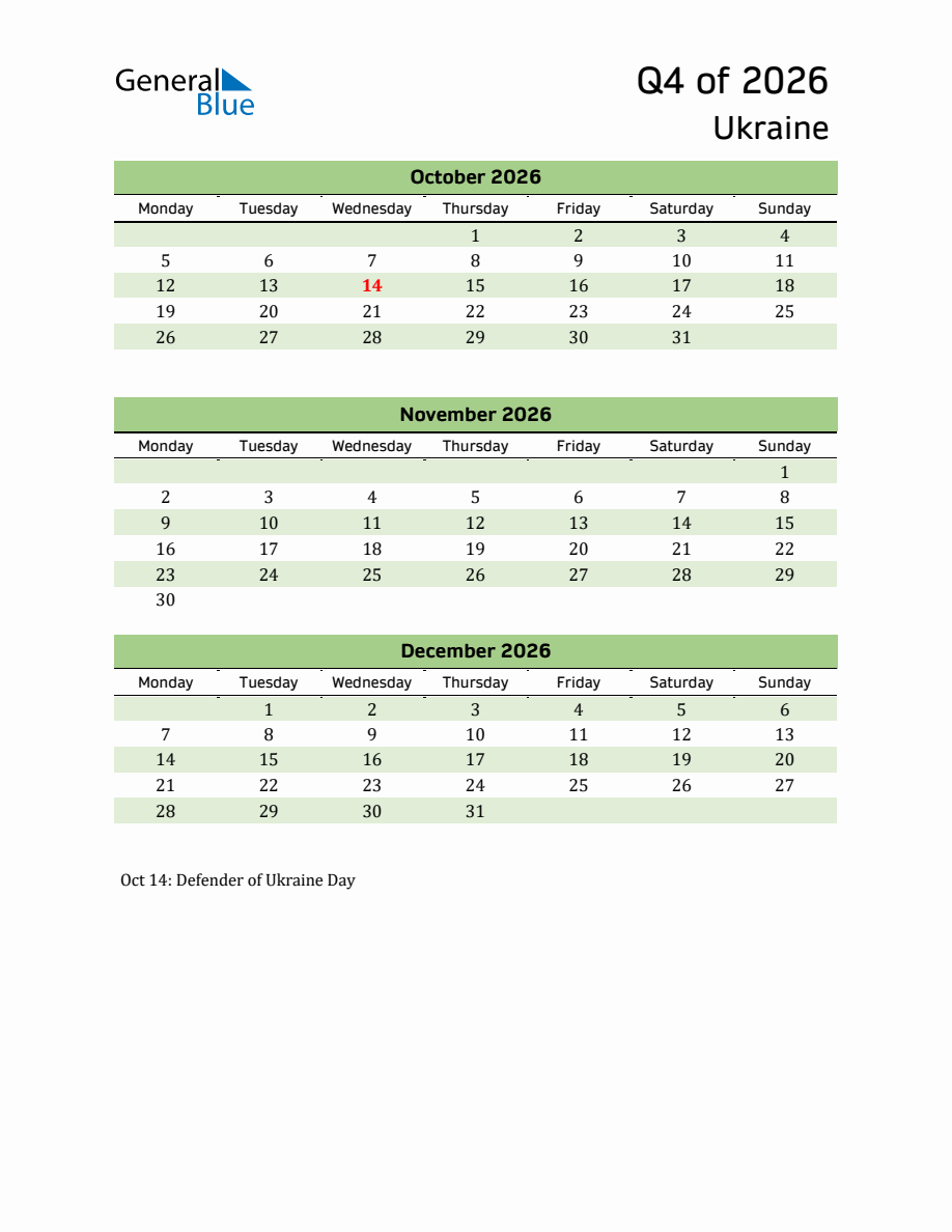 Quarterly Calendar with Ukraine Holidays (Q4 of 2026) - Monday Start