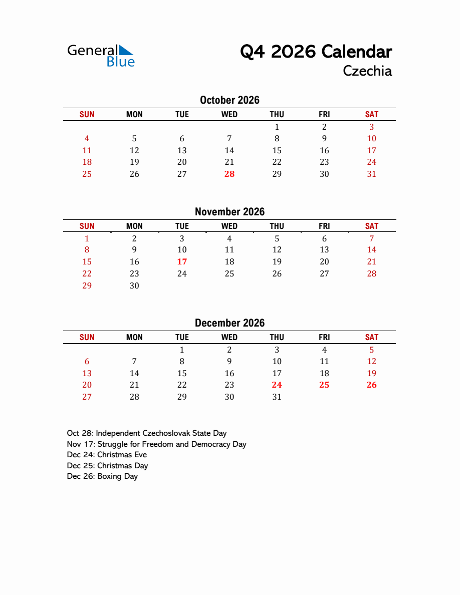 2026 Q4 Calendar with Holidays List for Czechia
