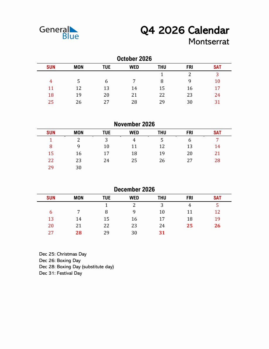 2026 Q4 Calendar with Holidays List for Montserrat