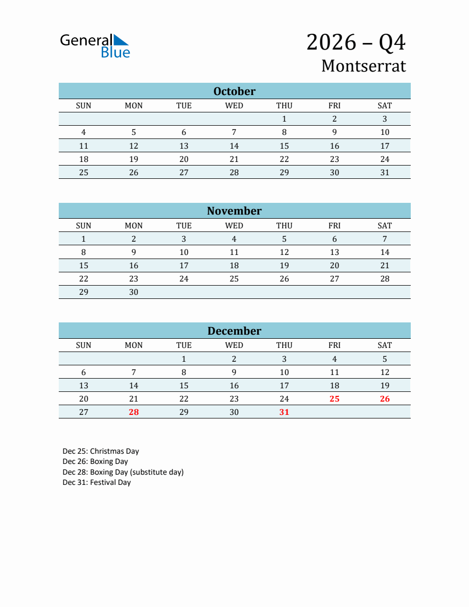 Three-Month Planner for Q4 2026 with Holidays in Montserrat