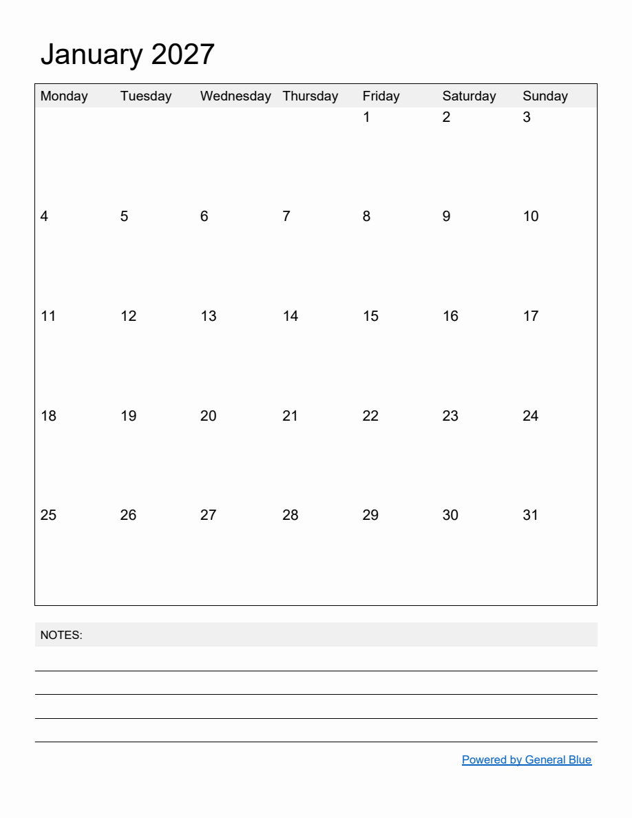 Free Printable Monthly Calendar for January 2027 - Monday Start