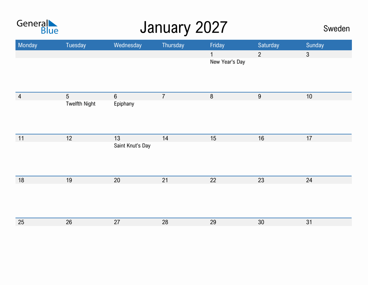 Editable January 2027 Calendar with Sweden Holidays