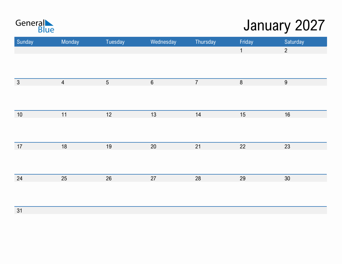 January 2027 Monthly Calendar (PDF, Word, Excel)