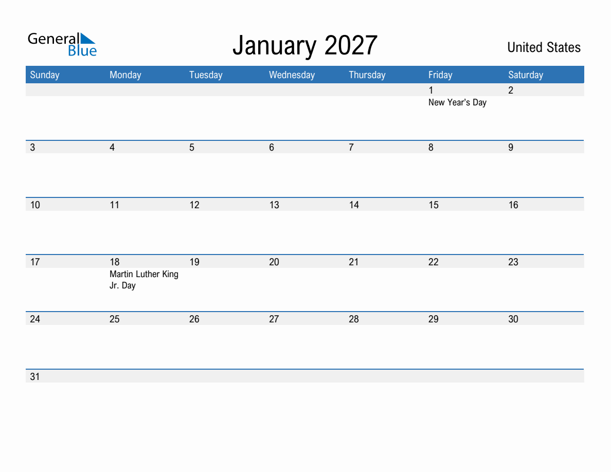 January 2027 Monthly Calendars with United States Holidays