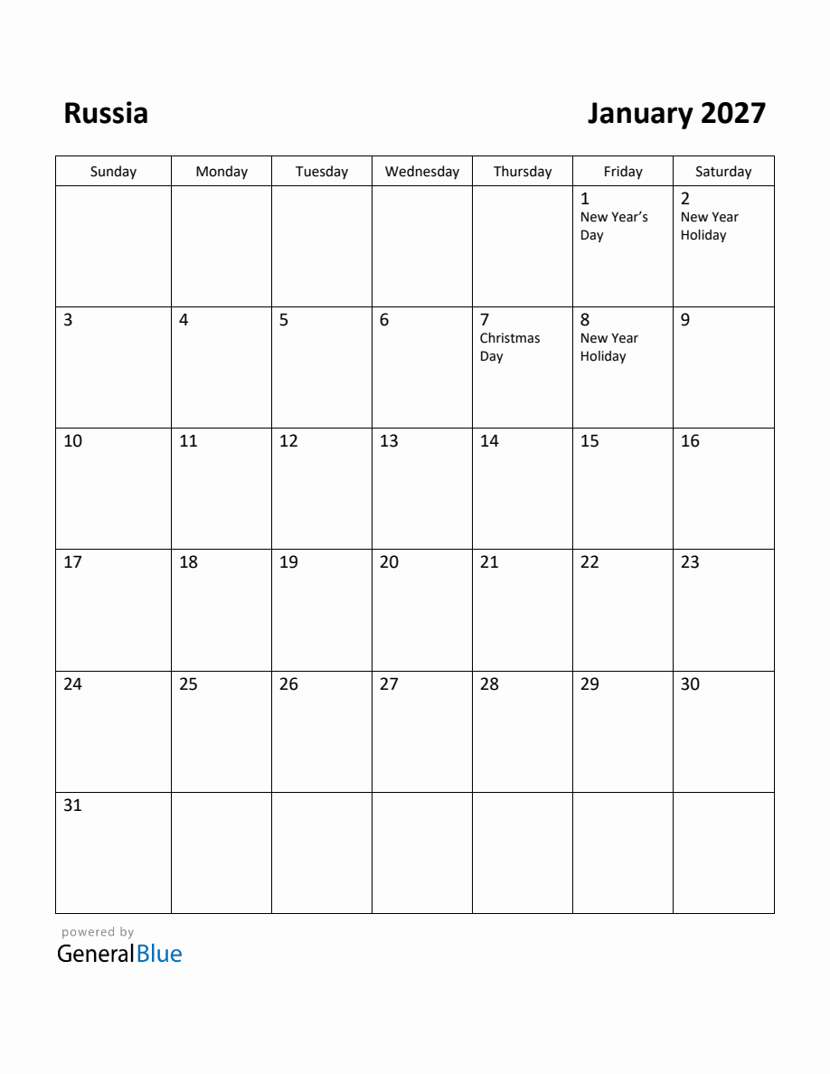 Free Printable January 2027 Calendar for Russia