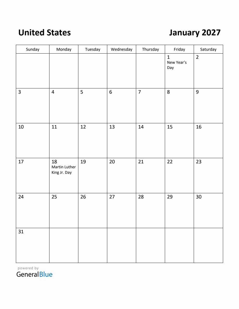 Free Printable January 2027 Calendar for United States