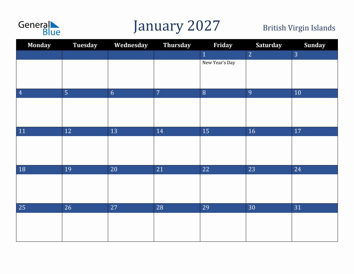 January 2027 British Virgin Islands Holiday Calendar (Monday Start)