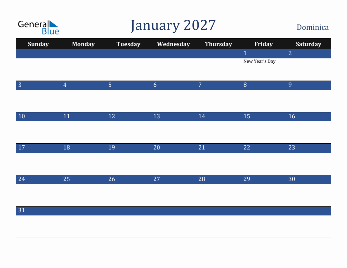 January 2027 Dominica Holiday Calendar