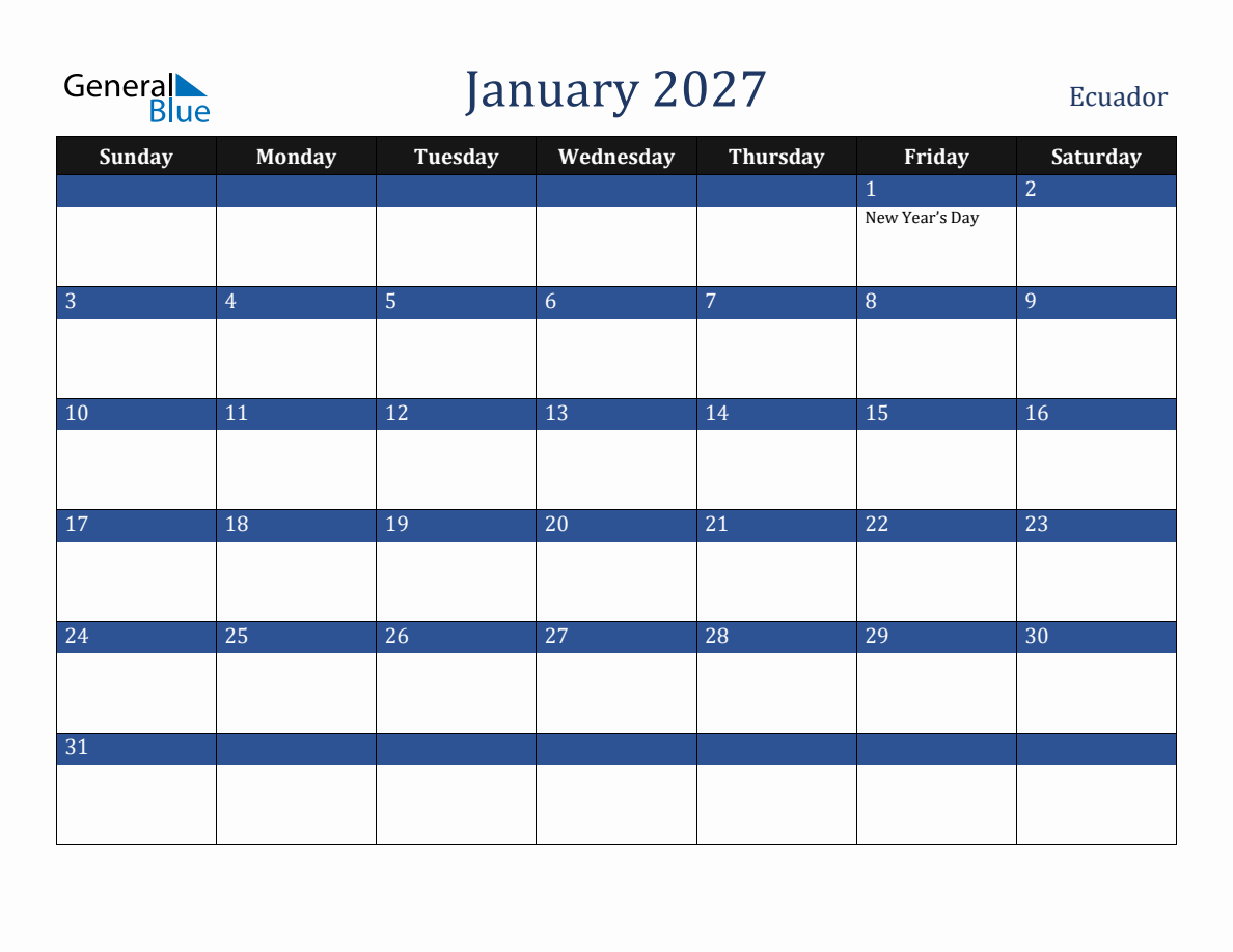 January 2027 Ecuador Holiday Calendar