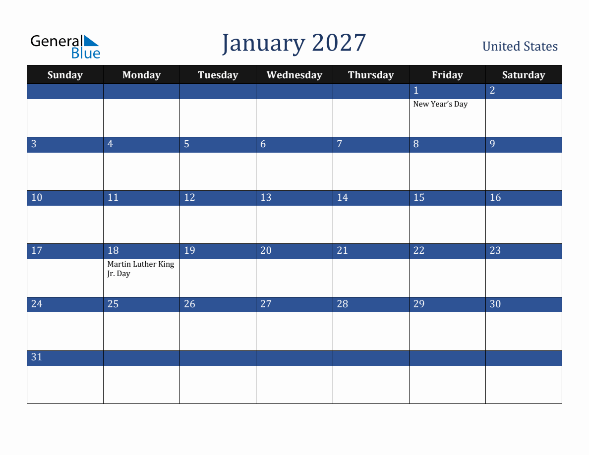January 2027 United States Holiday Calendar