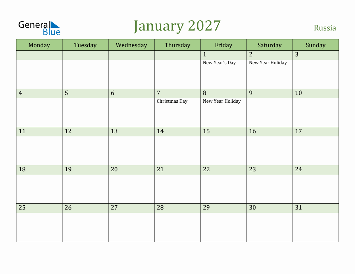 Fillable Holiday Calendar for Russia - January 2027 (Monday Start)