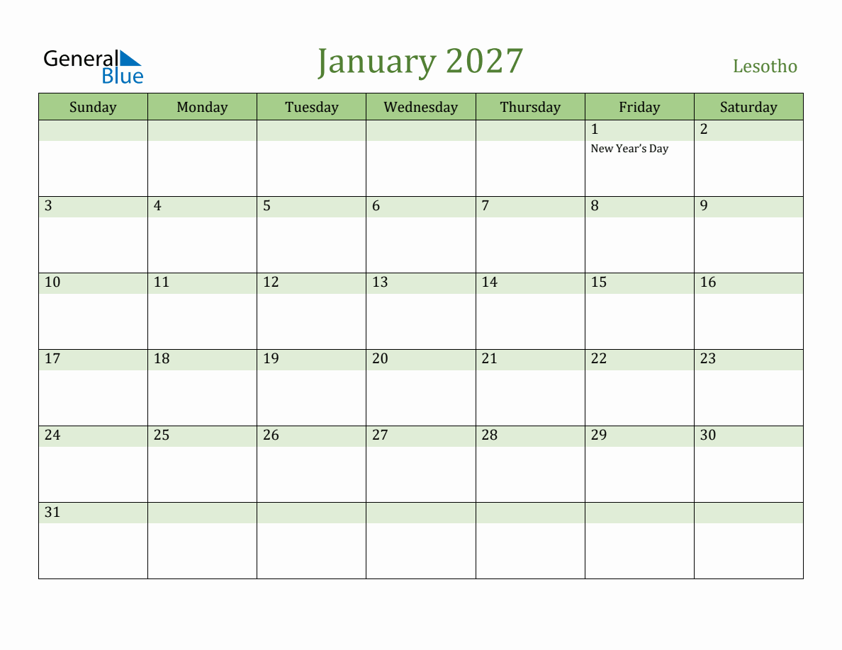 Fillable Holiday Calendar for Lesotho - January 2027