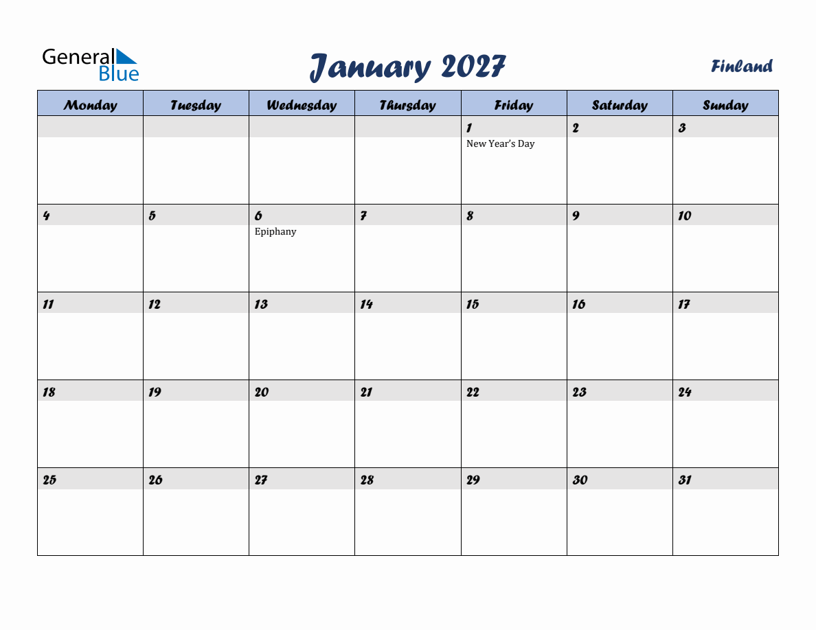 January 2027 Monthly Calendar Template with Holidays for Finland