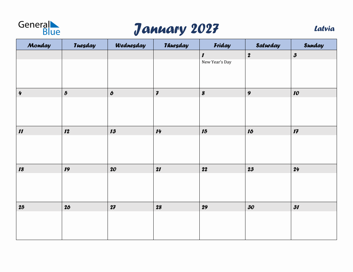January 2027 Monthly Calendar Template with Holidays for Latvia