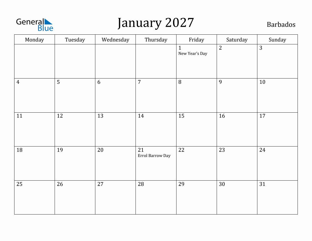 Barbados Monthly Calendar - January 2027 (Monday Start)