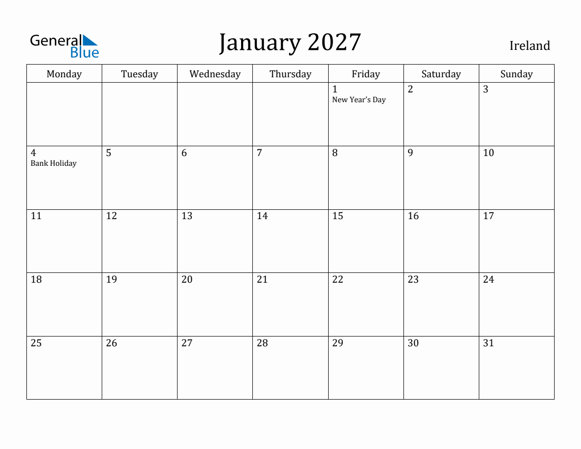 Ireland Monthly Calendar - January 2027 (Monday Start)