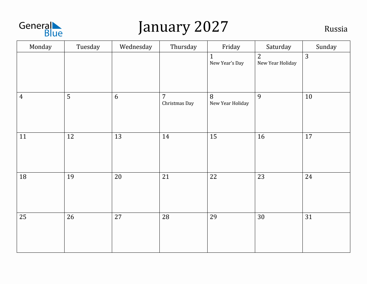 January 2027 Monthly Calendar with Russia Holidays (Monday Start)