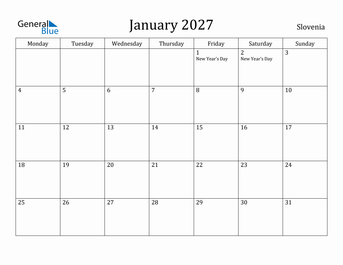 Slovenia Monthly Calendar - January 2027 (Monday Start)