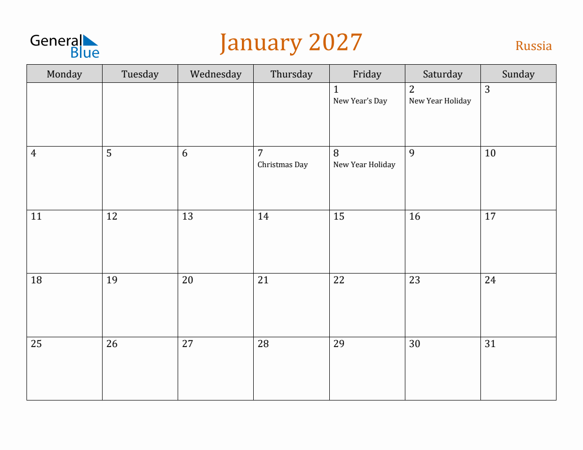 Free January 2027 Russia Calendar