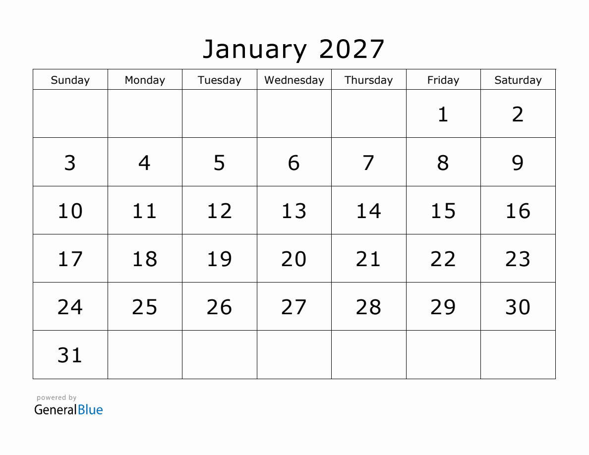 Printable January 2027 Calendar