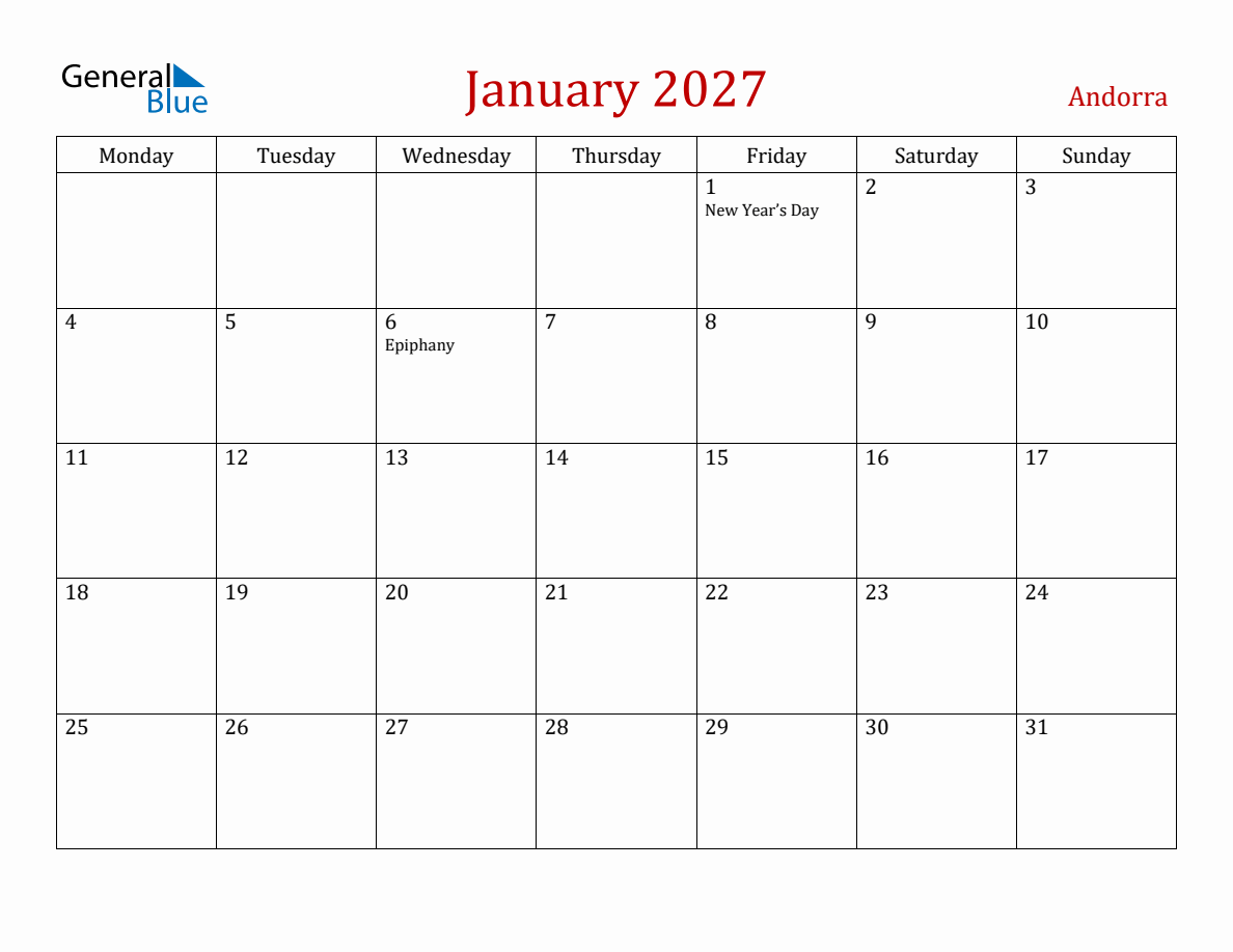 January 2027 Andorra Monthly Calendar with Holidays