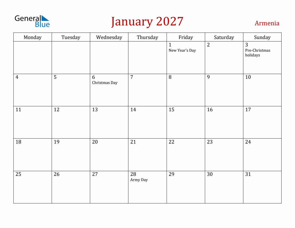 January 2027 Armenia Monthly Calendar with Holidays