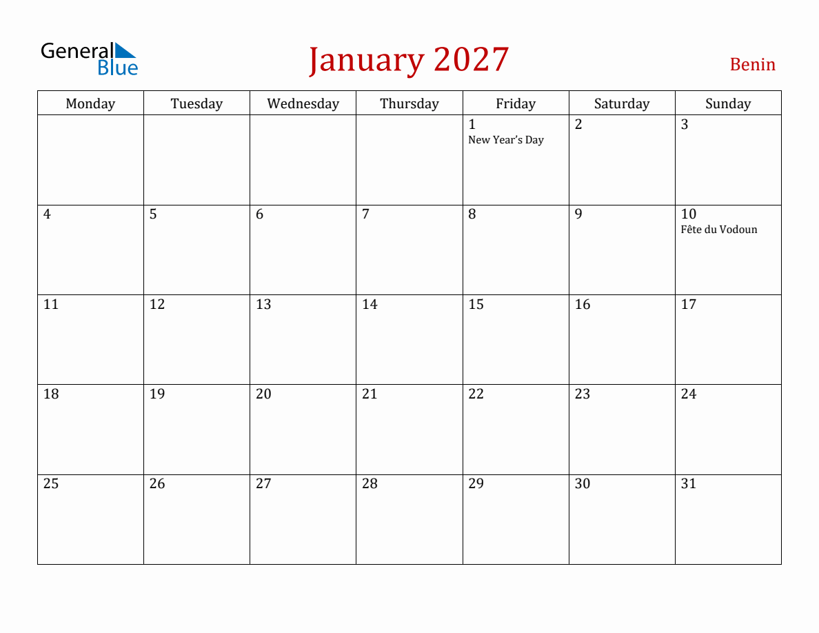 January 2027 Benin Monthly Calendar with Holidays