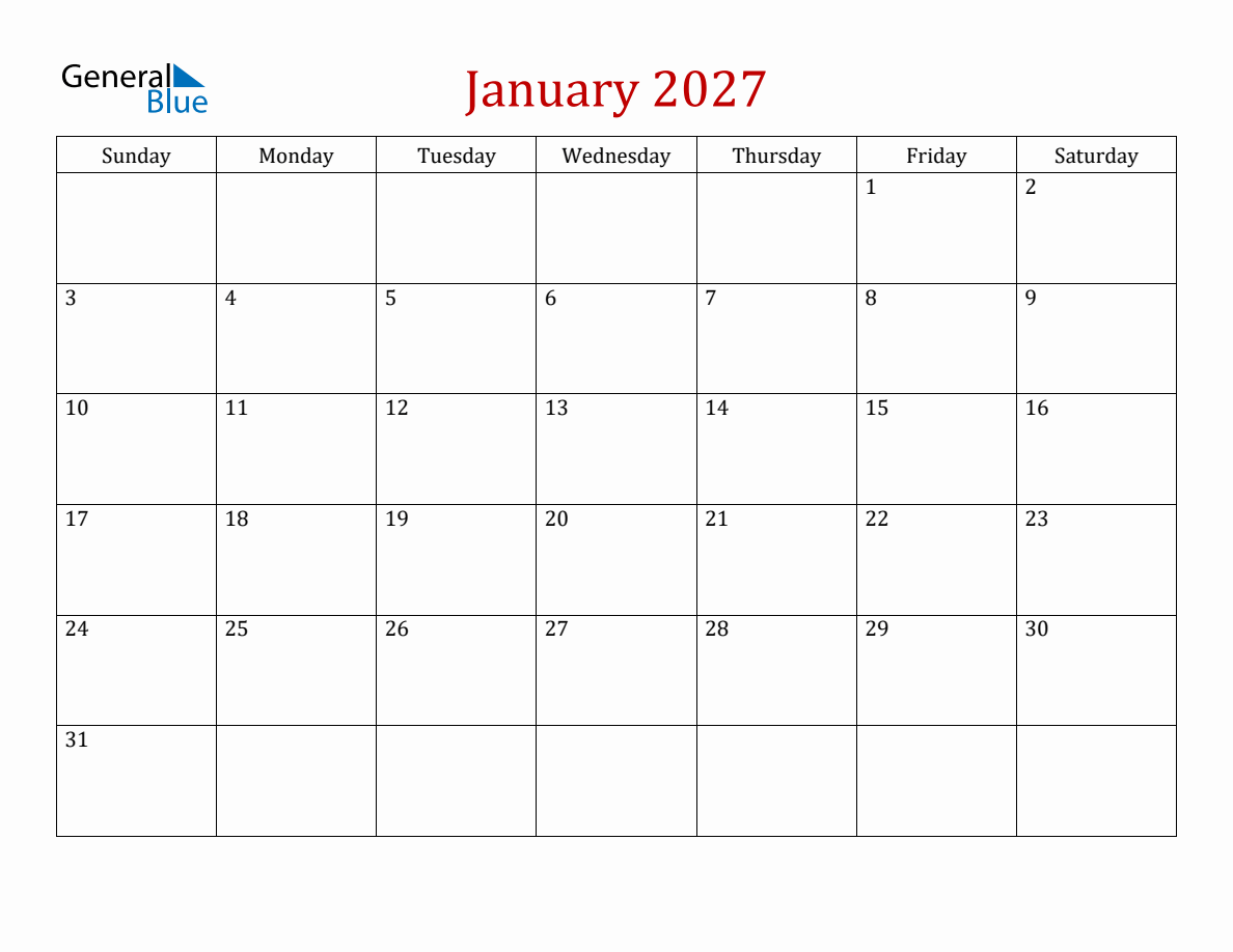 January 2027 Simple Calendar