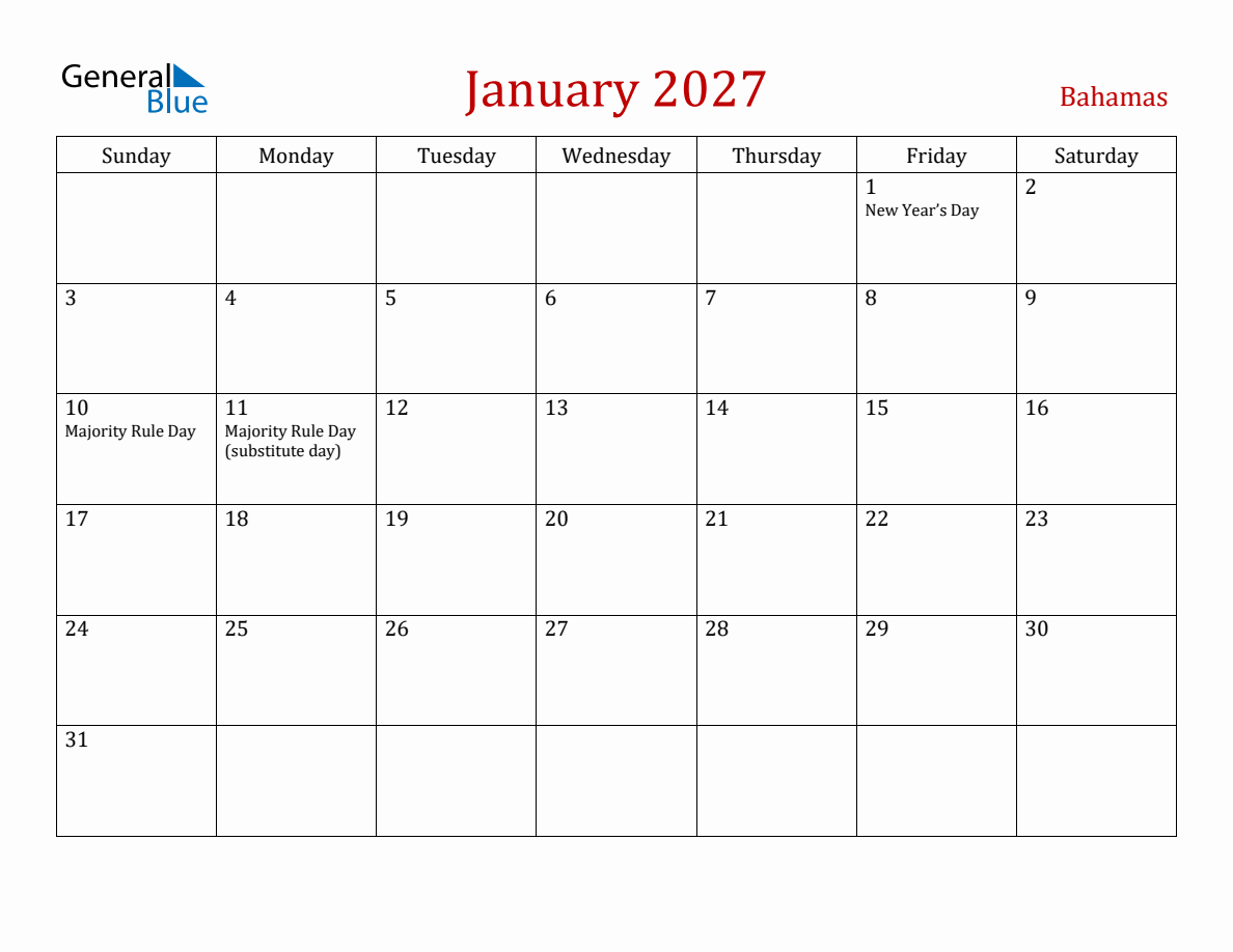 January 2027 Bahamas Monthly Calendar with Holidays