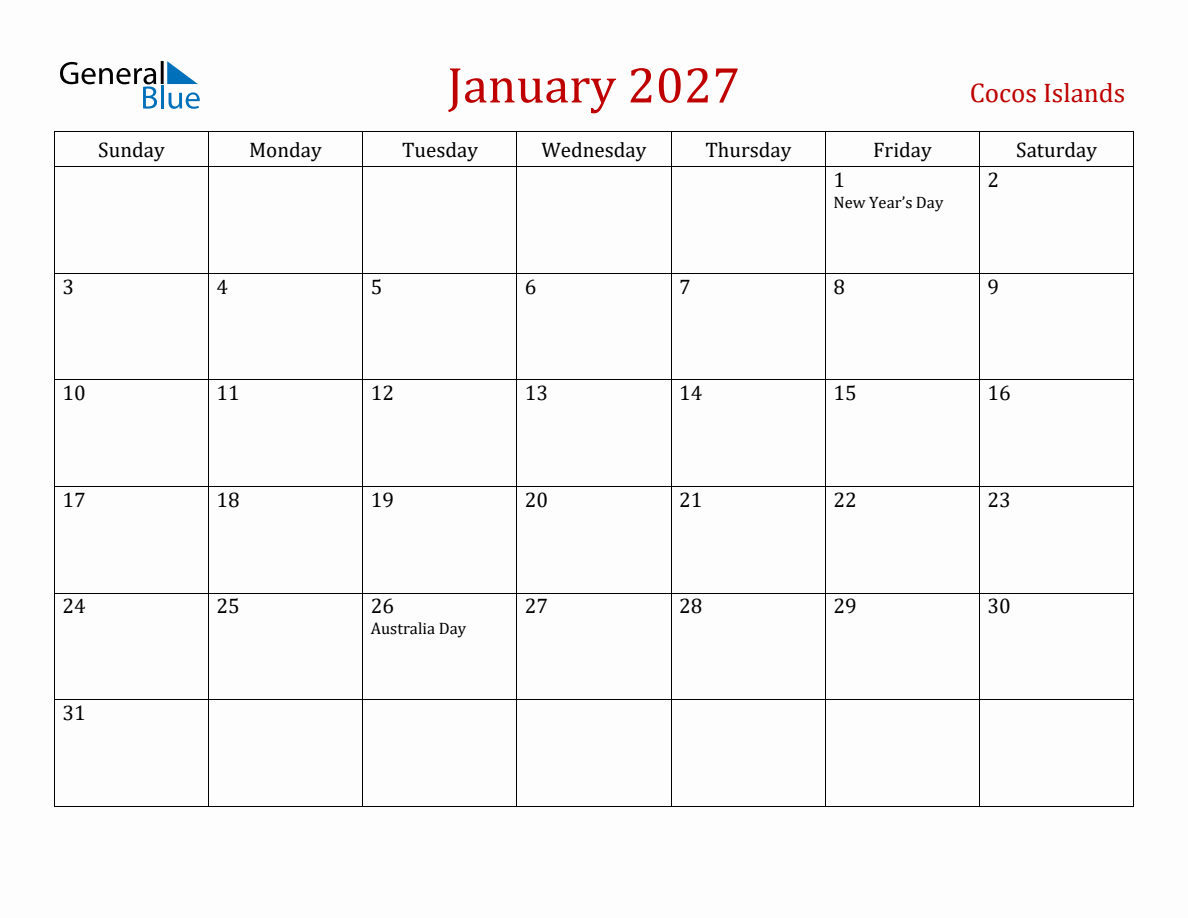 January 2027 Cocos Islands Monthly Calendar with Holidays