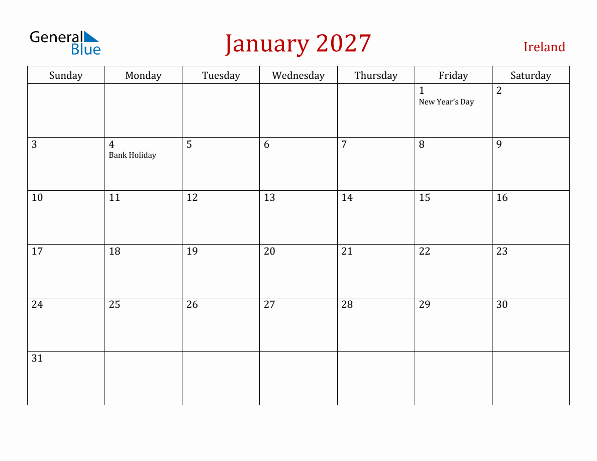 January 2027 Ireland Monthly Calendar with Holidays