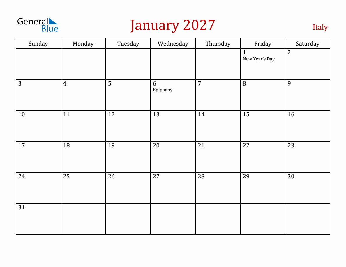January 2027 Italy Monthly Calendar with Holidays
