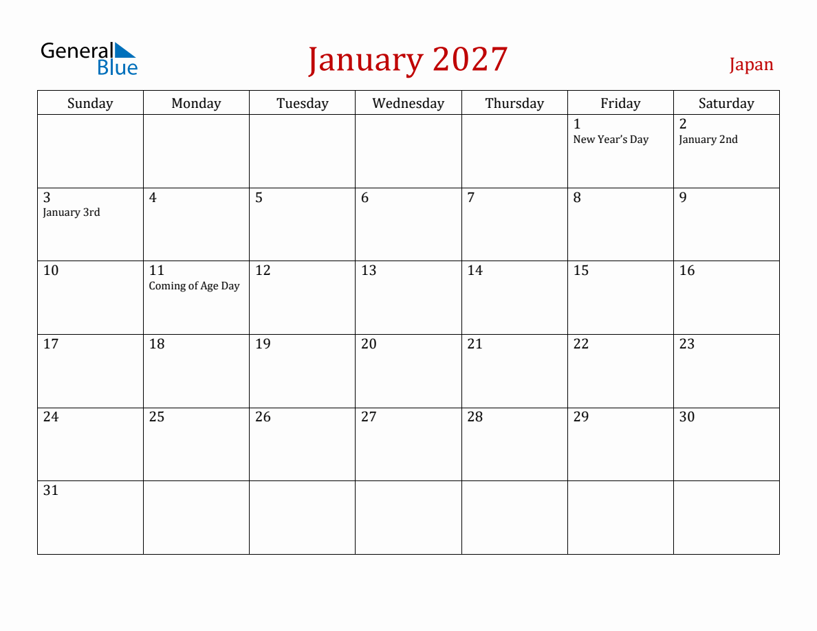 January 2027 Japan Monthly Calendar with Holidays