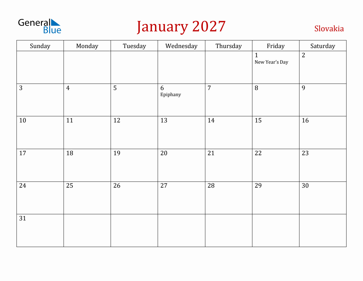 January 2027 Slovakia Monthly Calendar with Holidays