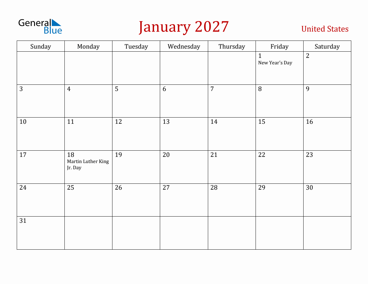 January 2027 United States Monthly Calendar with Holidays