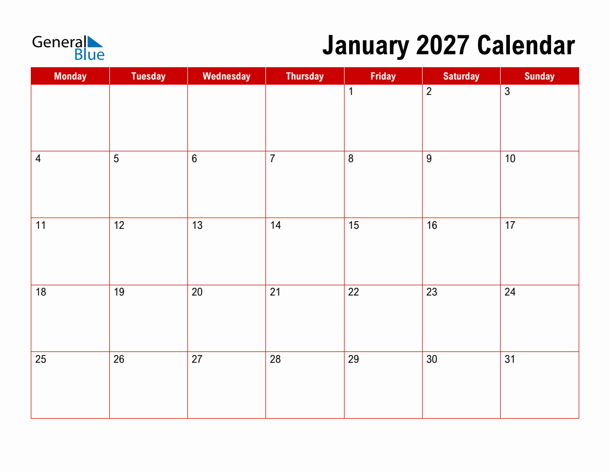 Basic Monthly Calendar - January 2027 - Monday Start