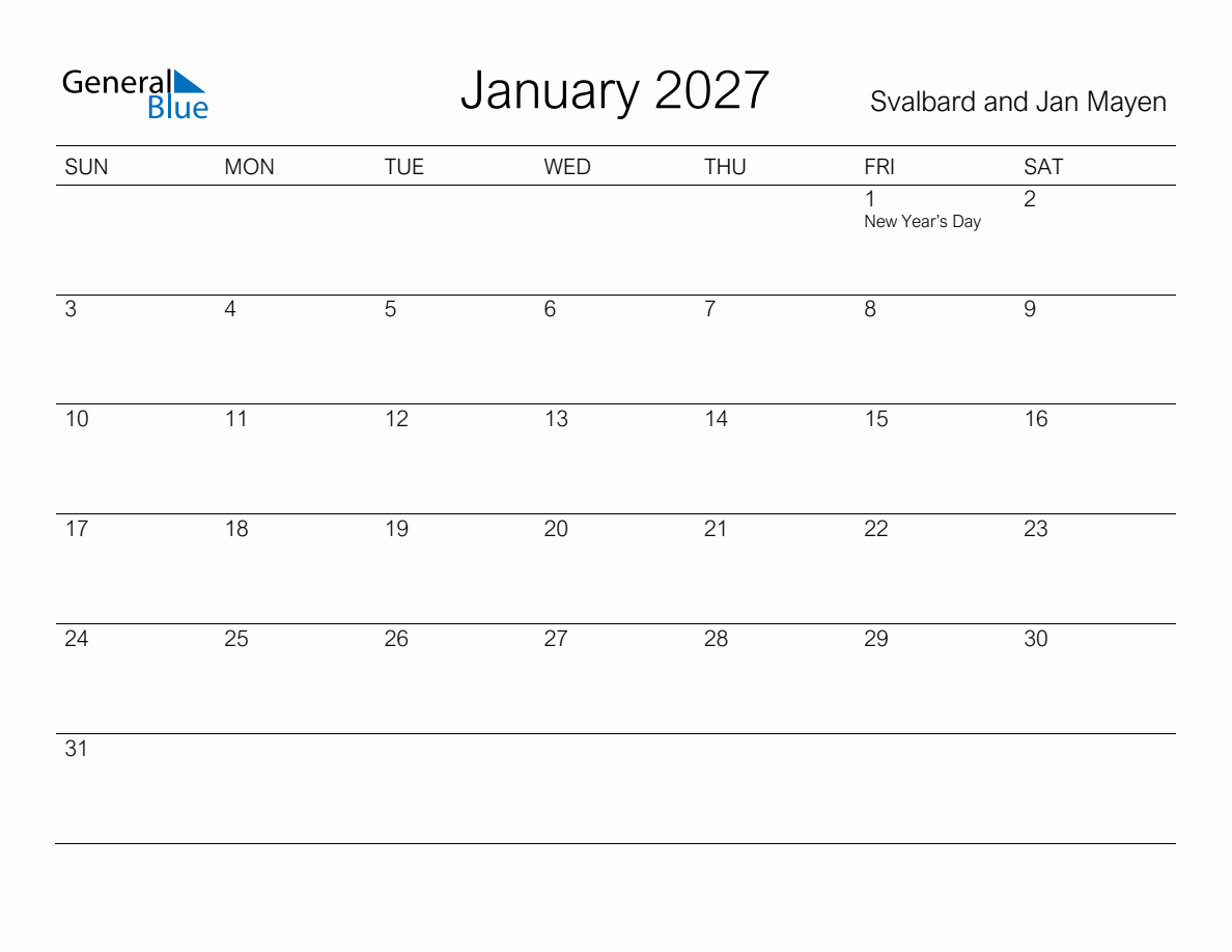 Printable January 2027 Monthly Calendar with Holidays for Svalbard and ...