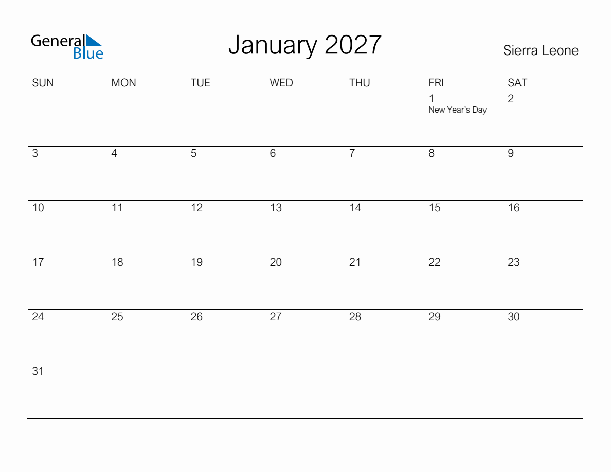 Printable January 2027 Monthly Calendar with Holidays for Sierra Leone